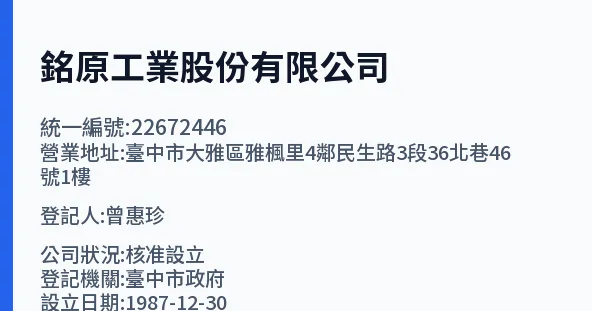 銘原工業股份有限公司的照片-統編 22672446(臺中市) 公司登記資料與營業項目詳細圖表