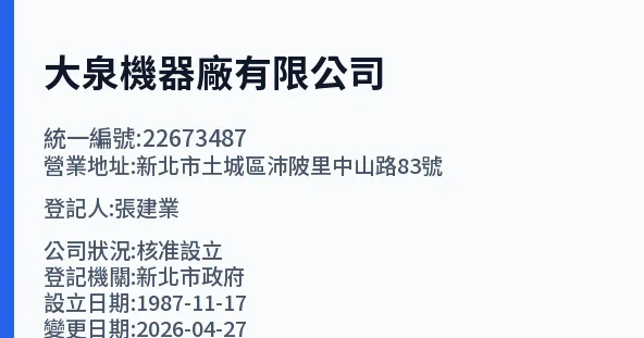 大泉機器廠有限公司的照片-統編 22673487(新北市) 公司登記資料與營業項目詳細圖表