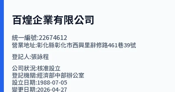 百煌企業有限公司的照片-統編 22674612(彰化縣) 公司登記資料與營業項目詳細圖表