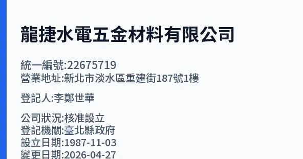 龍捷水電五金材料有限公司的照片-統編 22675719(新北市) 公司登記資料與營業項目詳細圖表