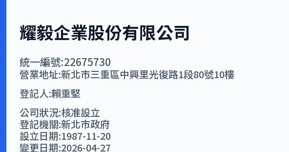 耀毅企業股份有限公司的照片-統編 22675730(新北市) 公司登記資料與營業項目詳細圖表
