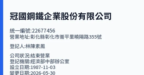 冠國鋼鐵企業股份有限公司的照片-統編 22677456(彰化縣) 公司登記資料與營業項目詳細圖表