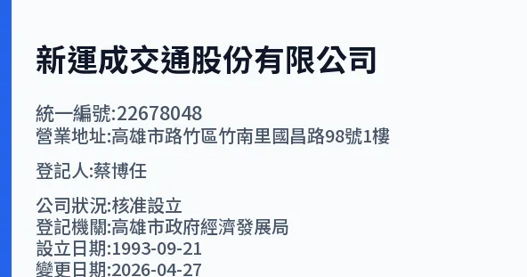 新運成交通股份有限公司的照片-統編 22678048(高雄市) 公司登記資料與營業項目詳細圖表