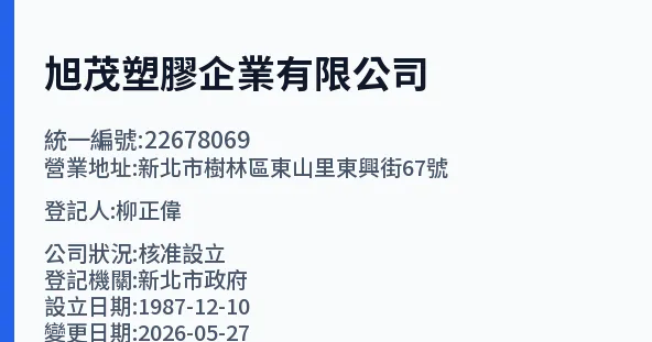旭茂塑膠企業有限公司的照片-統編 22678069(新北市) 公司登記資料與營業項目詳細圖表