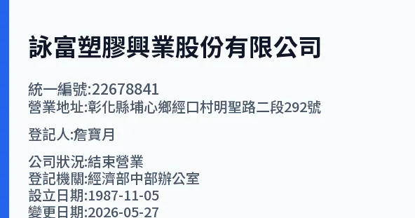 詠富塑膠興業股份有限公司的照片-統編 22678841(彰化縣) 公司登記資料與營業項目詳細圖表