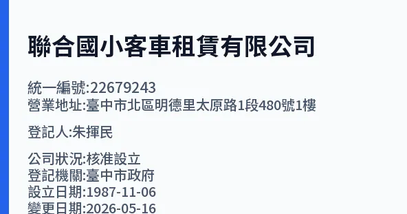 聯合國小客車租賃有限公司的照片-統編 22679243(臺中市) 公司登記資料與營業項目詳細圖表