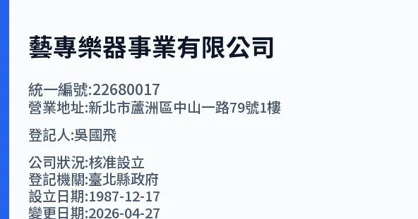 藝專樂器事業有限公司的照片-統編 22680017(新北市) 公司登記資料與營業項目詳細圖表