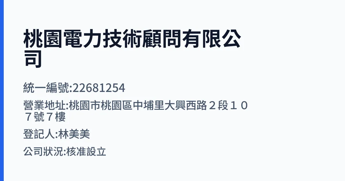 桃園電力技術顧問有限公司 - 統編 22681254(桃園市) 公司登記資料與營業項目詳細圖表
