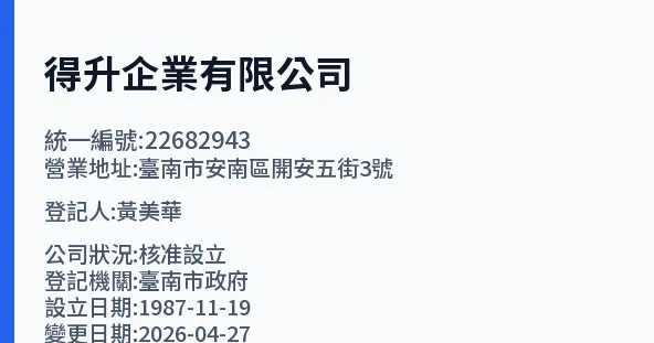 得升企業有限公司的照片-統編 22682943(臺南市) 公司登記資料與營業項目詳細圖表