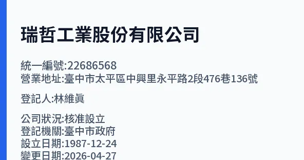 瑞哲工業股份有限公司的照片-統編 22686568(臺中市) 公司登記資料與營業項目詳細圖表