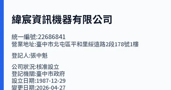 緯宸資訊機器有限公司的照片-統編 22686841(臺中市) 公司登記資料與營業項目詳細圖表