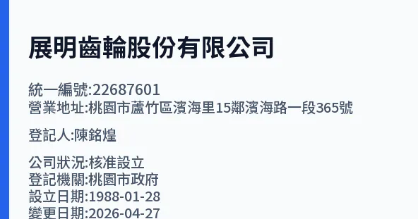 展明齒輪股份有限公司的照片-統編 22687601(桃園市) 公司登記資料與營業項目詳細圖表