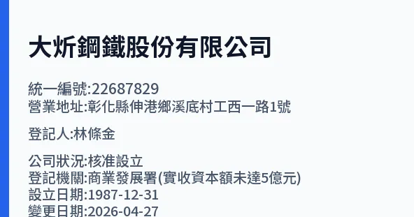 大炘鋼鐵股份有限公司的照片-統編 22687829(彰化縣) 公司登記資料與營業項目詳細圖表