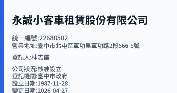 永誠小客車租賃股份有限公司的照片-統編 22688502(臺中市) 公司登記資料與營業項目詳細圖表