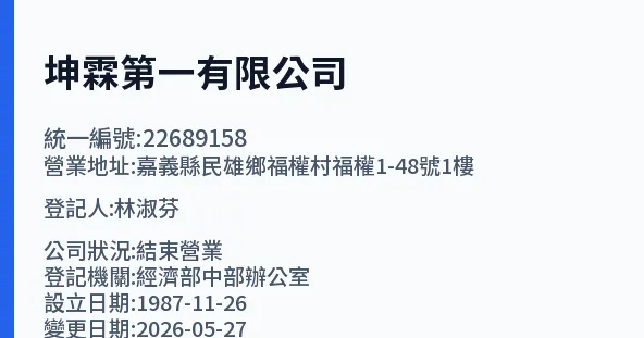 坤霖第一有限公司的照片-統編 22689158(嘉義縣) 公司登記資料與營業項目詳細圖表