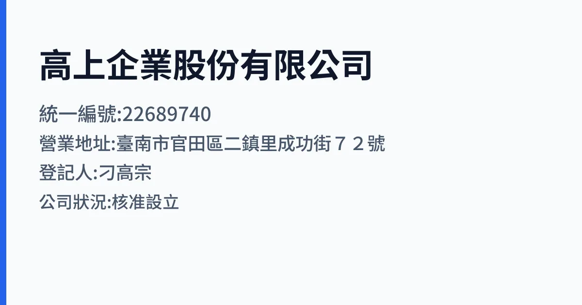高上企業股份有限公司 - 統編 22689740（臺南市） 公司登記資料與營業項目詳細圖表