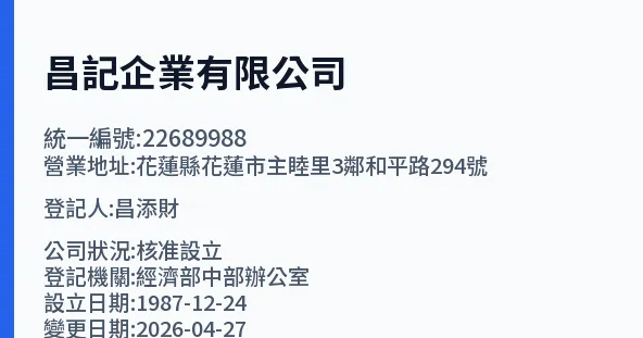 昌記企業有限公司的照片-統編 22689988(花蓮縣) 公司登記資料與營業項目詳細圖表
