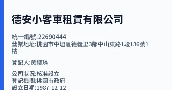 德安小客車租賃有限公司的照片-統編 22690444(桃園市) 公司登記資料與營業項目詳細圖表