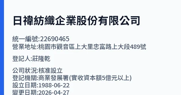 日禕紡織企業股份有限公司的照片-統編 22690465(桃園市) 公司登記資料與營業項目詳細圖表