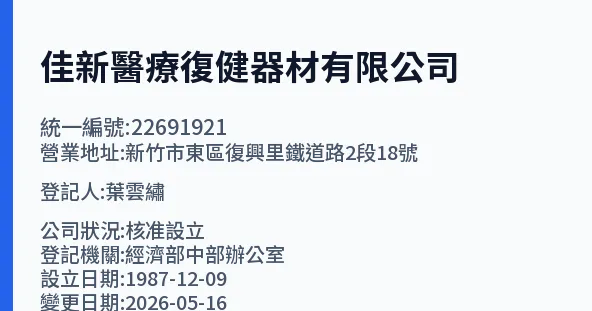 佳新醫療復健器材有限公司的照片-統編 22691921(新竹市) 公司登記資料與營業項目詳細圖表