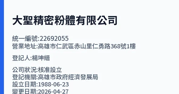 大聖精密粉體有限公司的照片-統編 22692055(高雄市) 公司登記資料與營業項目詳細圖表