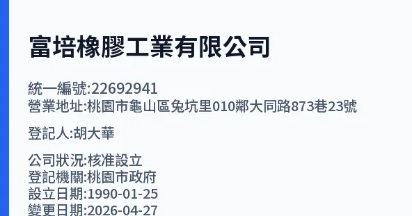 富培橡膠工業有限公司的照片-統編 22692941(桃園市) 公司登記資料與營業項目詳細圖表