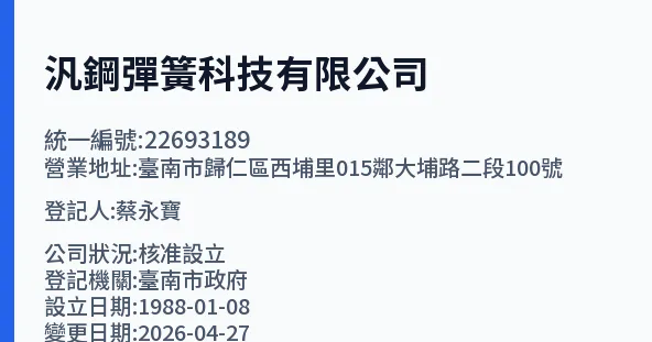汎鋼彈簧科技有限公司的照片-統編 22693189(臺南市) 公司登記資料與營業項目詳細圖表
