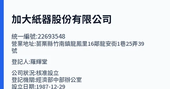 加大紙器股份有限公司的照片-統編 22693548(苗栗縣) 公司登記資料與營業項目詳細圖表
