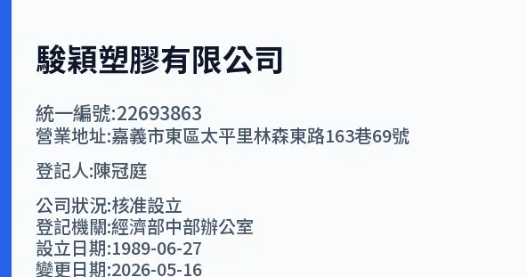 駿穎塑膠有限公司的照片-統編 22693863(嘉義市) 公司登記資料與營業項目詳細圖表