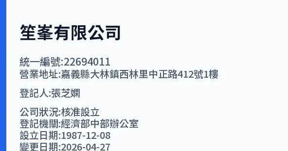 笙峯有限公司的照片-統編 22694011(嘉義縣) 公司登記資料與營業項目詳細圖表