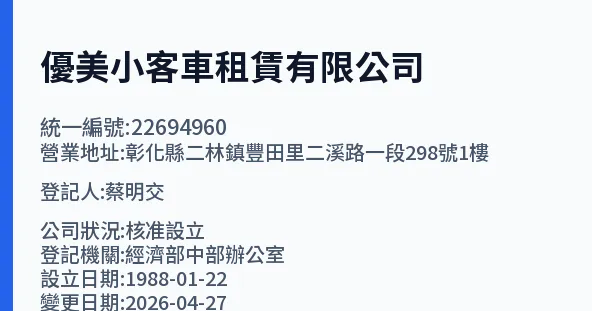 優美小客車租賃有限公司的照片-統編 22694960(彰化縣) 公司登記資料與營業項目詳細圖表