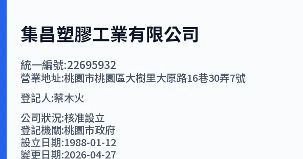 集昌塑膠工業有限公司的照片-統編 22695932(桃園市) 公司登記資料與營業項目詳細圖表