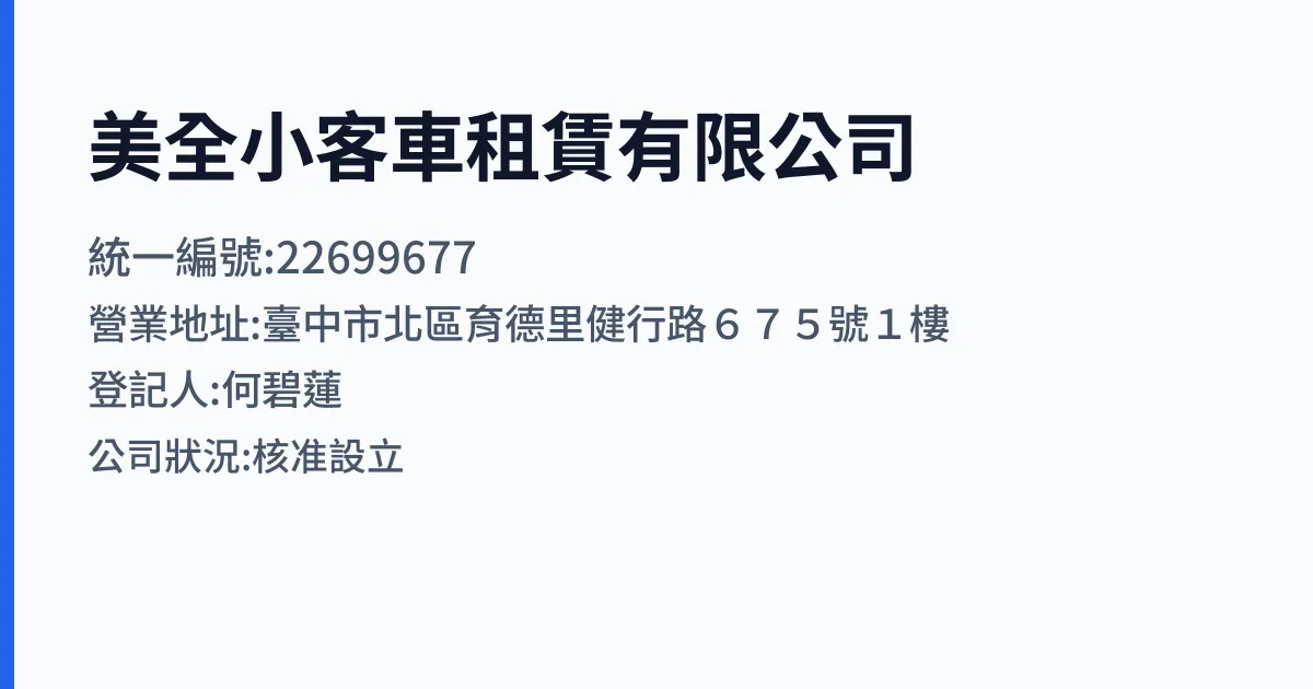 美全小客車租賃有限公司 - 統編 22699677（臺中市） 公司登記資料與營業項目詳細圖表