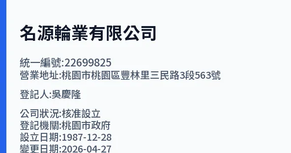 名源輪業有限公司的照片-統編 22699825(桃園市) 公司登記資料與營業項目詳細圖表
