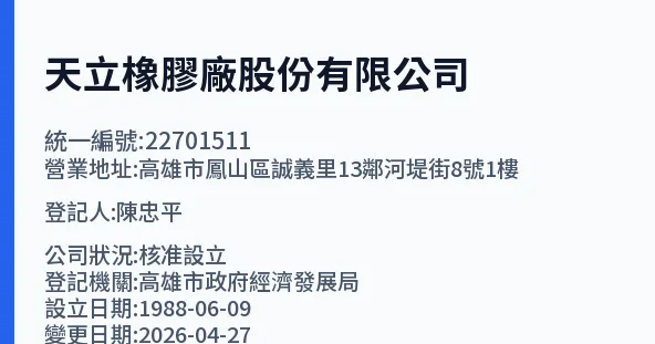 天立橡膠廠股份有限公司的照片-統編 22701511(高雄市) 公司登記資料與營業項目詳細圖表