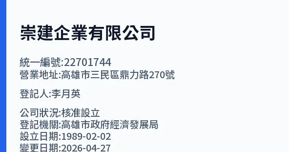 崇建企業有限公司的照片-統編 22701744(高雄市) 公司登記資料與營業項目詳細圖表