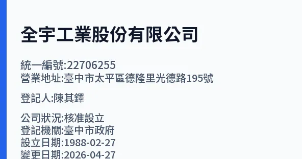 全宇工業股份有限公司的照片-統編 22706255(臺中市) 公司登記資料與營業項目詳細圖表