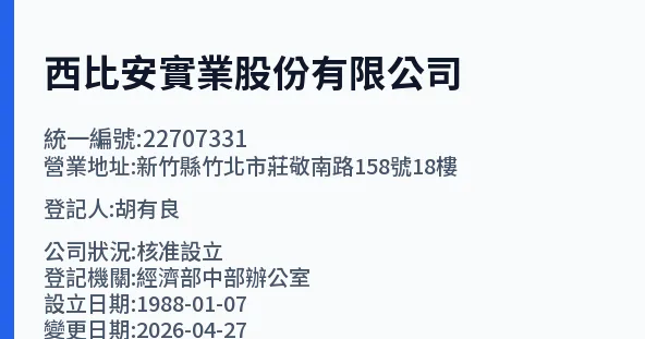 西比安實業股份有限公司的照片-統編 22707331(新竹縣) 公司登記資料與營業項目詳細圖表