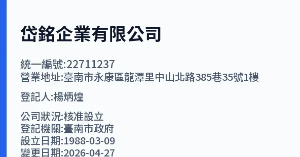 岱銘企業有限公司的照片-統編 22711237(臺南市) 公司登記資料與營業項目詳細圖表