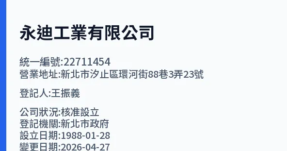 永迪工業有限公司的照片-統編 22711454(新北市) 公司登記資料與營業項目詳細圖表