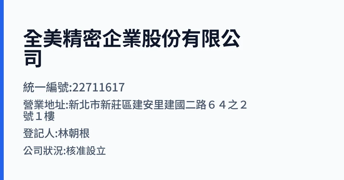 全美精密企業股份有限公司 - 統編 22711617(新北市) 公司登記資料與營業項目詳細圖表