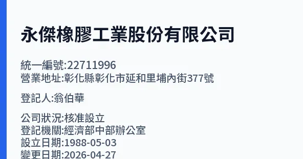 永傑橡膠工業股份有限公司的照片-統編 22711996(彰化縣) 公司登記資料與營業項目詳細圖表
