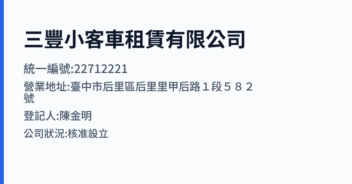 三豐小客車租賃有限公司 - 統編 22712221(臺中市) 公司登記資料與營業項目詳細圖表