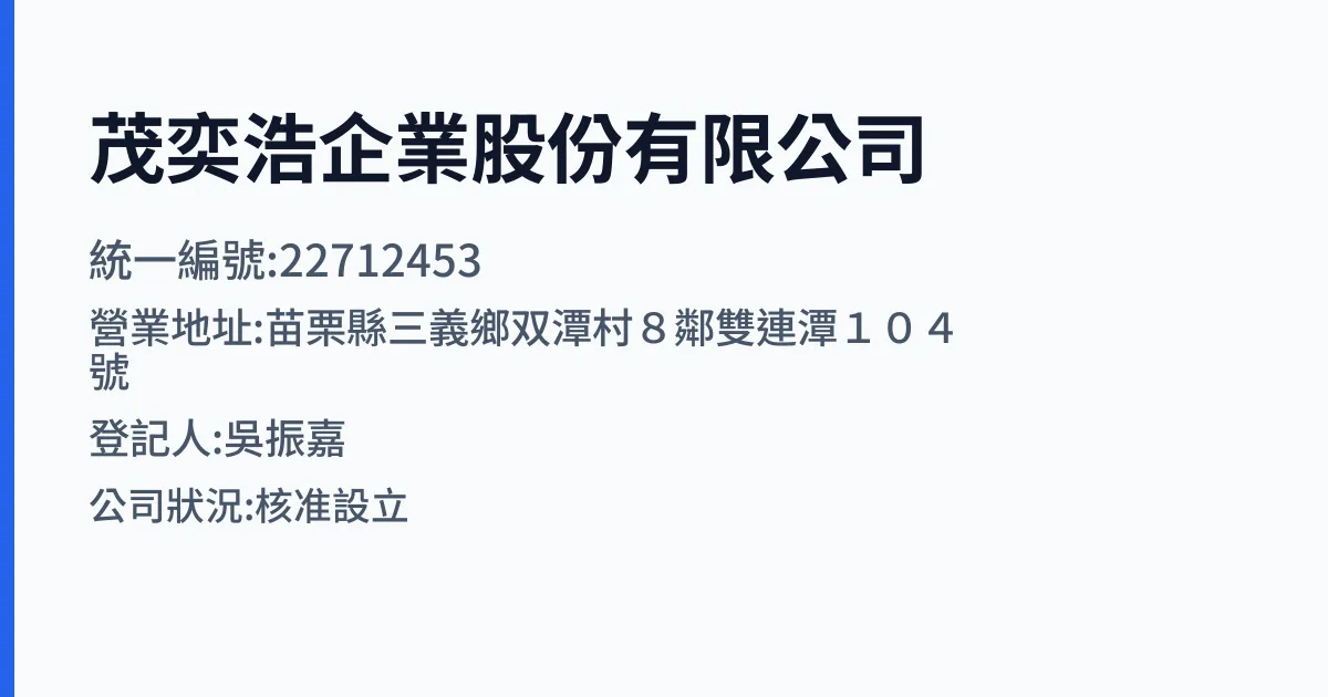 茂奕浩企業股份有限公司 - 統編 22712453(苗栗縣) 公司登記資料與營業項目詳細圖表