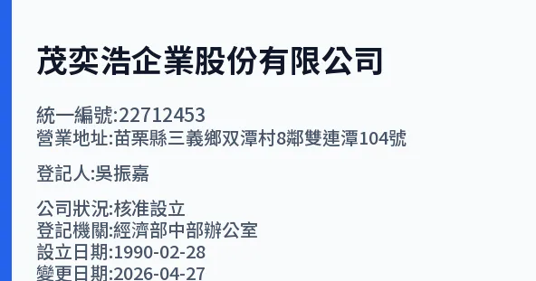 茂奕浩企業股份有限公司的照片-統編 22712453(苗栗縣) 公司登記資料與營業項目詳細圖表