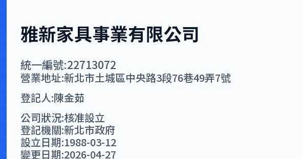雅新家具事業有限公司的照片-統編 22713072(新北市) 公司登記資料與營業項目詳細圖表