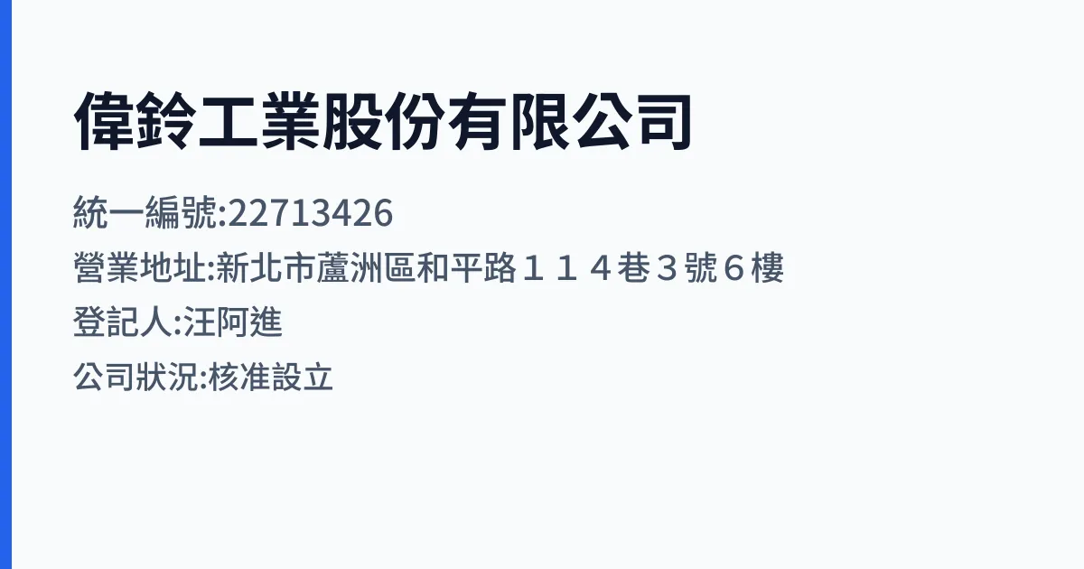 偉鈴工業股份有限公司 - 統編 22713426(新北市) 公司登記資料與營業項目詳細圖表