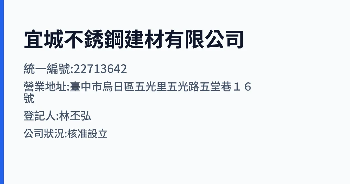 宜城不銹鋼建材有限公司 - 統編 22713642(臺中市) 公司登記資料與營業項目詳細圖表
