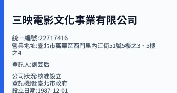 三映電影文化事業有限公司的照片-統編 22717416(臺北市) 公司登記資料與營業項目詳細圖表