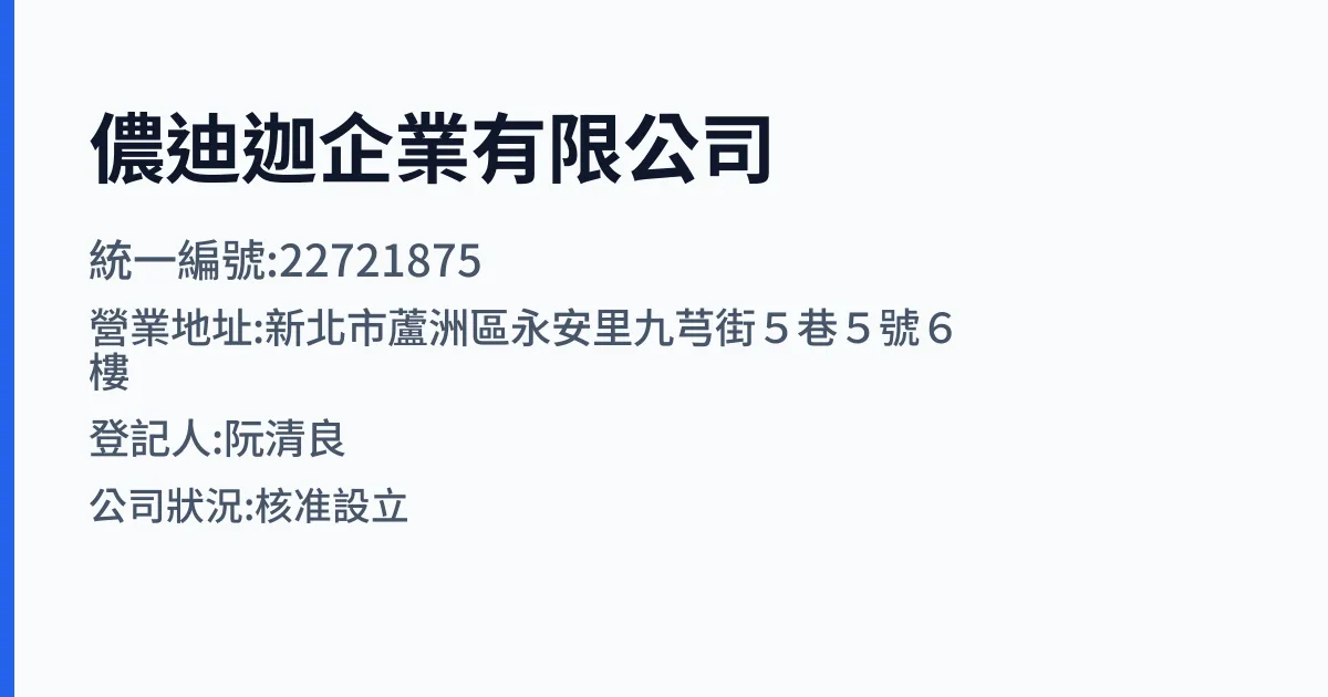 儂迪迦企業有限公司 - 統編 22721875(新北市) 公司登記資料與營業項目詳細圖表
